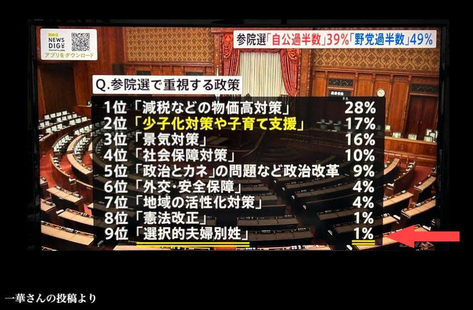 【参院選で重視する政策】で「選択的夫婦別姓」はわずか1％だったと判明！上位は「減税」と「景気対策」ーJNN世論調査 - jnnavi